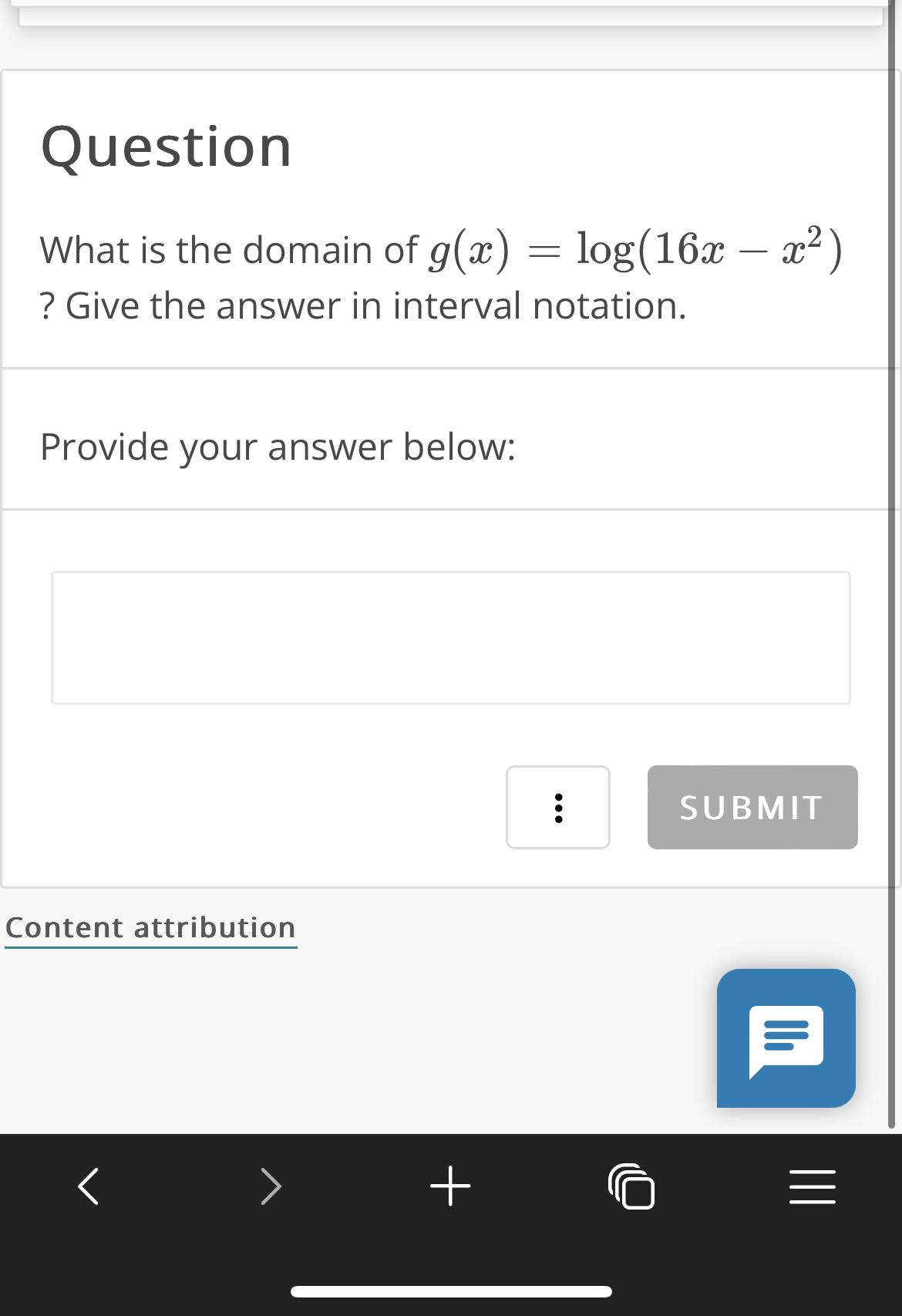 Solved QuestionWhat is the domain of g(x)=log(16x-x2) ? | Chegg.com