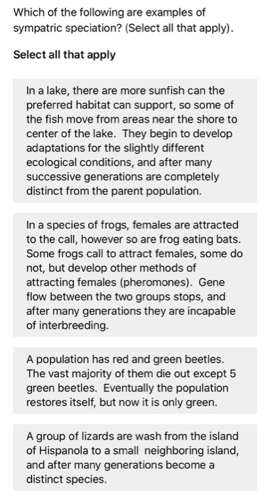 Solved Which of the following are examples of sympatric | Chegg.com