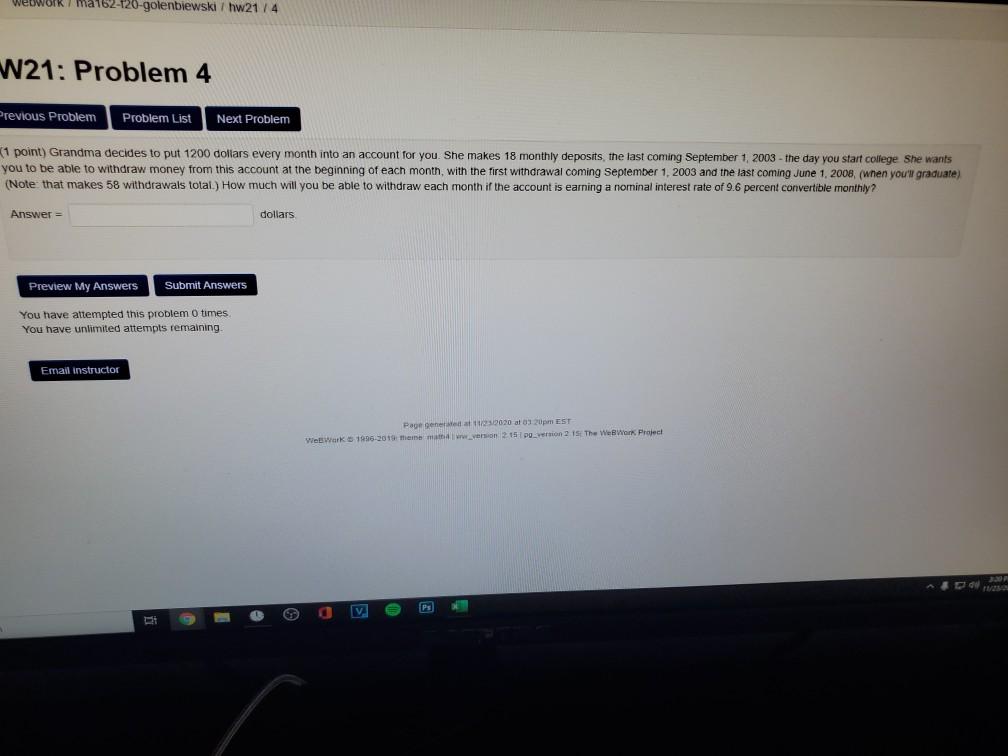 Solved wetwork ma 162-120-golenbiewski/hw21 / 4 W21: Problem | Chegg.com