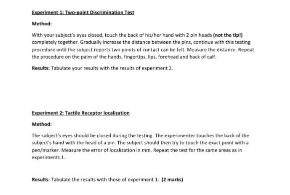 Experiment 1: Two-point Discrimination Test Method: | Chegg.com