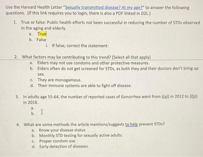 Solved Use the Harvard Health Letter "Sexually transmitted | Chegg.com