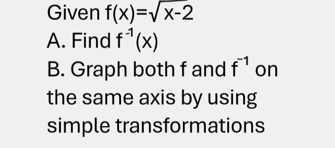 Solved Given f(x)=x−2 A. Find f−1(x) B. Graph both f and f−1 | Chegg.com
