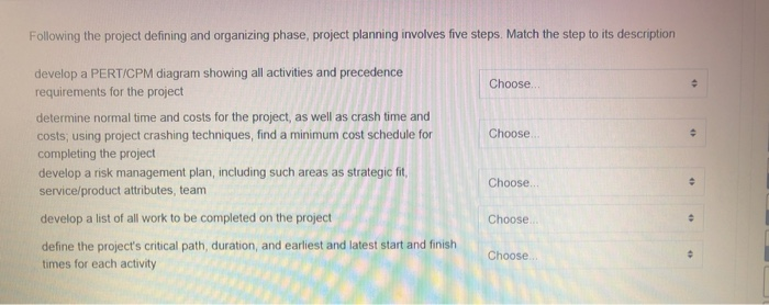 Solved Following the project defining and organizing phase, | Chegg.com