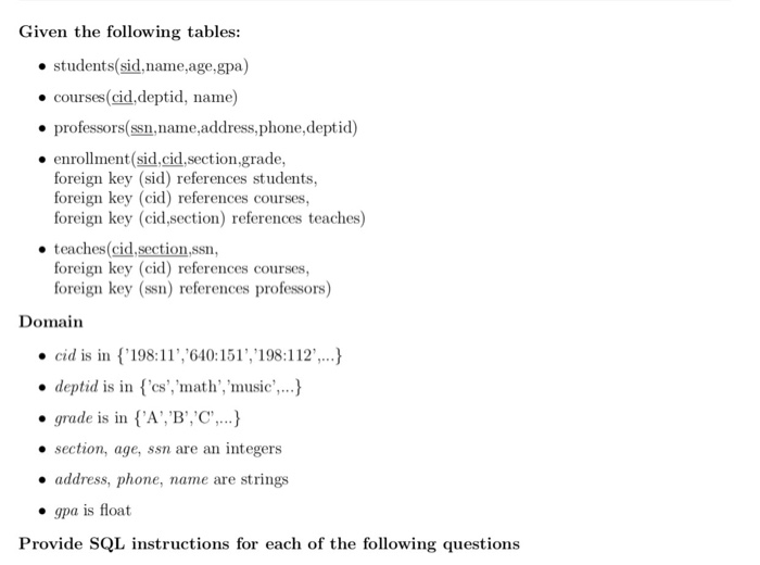 Solved Given the following tables: • students(sid, | Chegg.com
