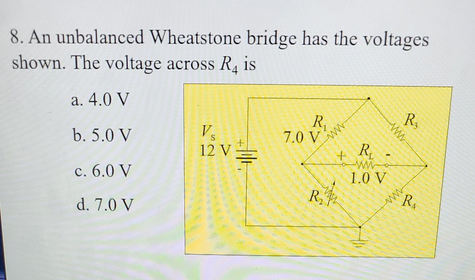 Solved 8. An unbalanced Wheatstone bridge has the voltages | Chegg.com