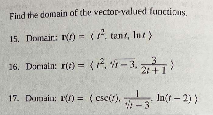 Solved Find the domain of the vector-valued functions. 15. | Chegg.com