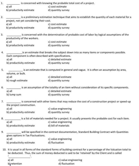 Solved 1. is concerned with knowing the probable total cost | Chegg.com