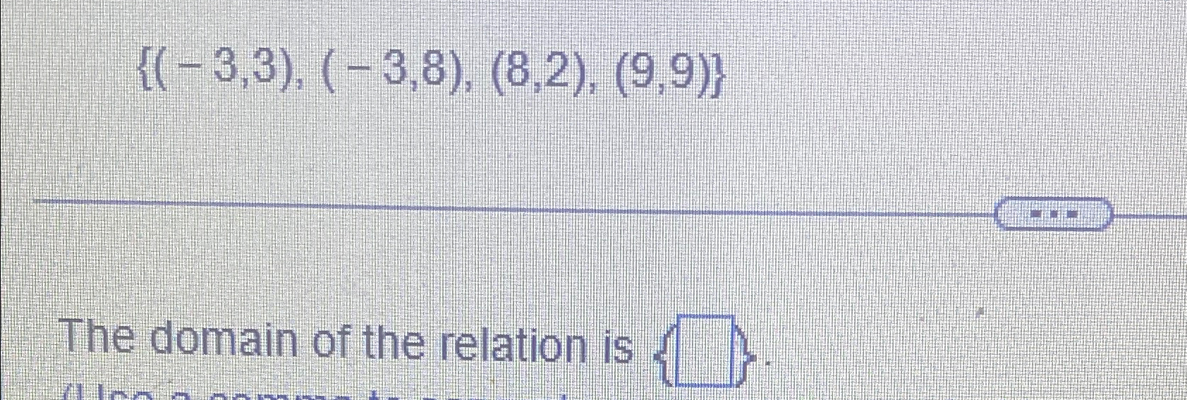 Solved {(-3,3),(-3,8),(8,2),(9,9)}The domain of the relation | Chegg.com