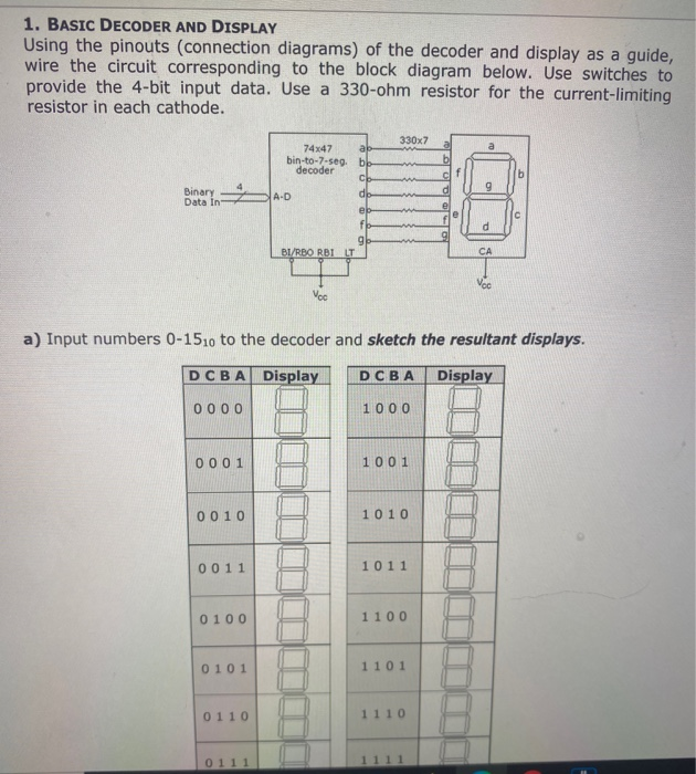 1. BASIC DECODER AND DISPLAY Using the pinouts (connection diagrams) of ...