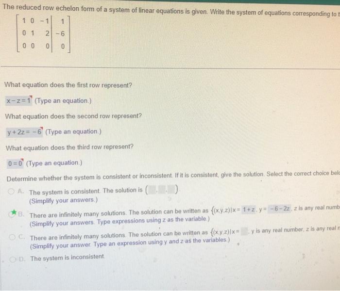 Solved The reduced row echelon form of a system of linear | Chegg.com