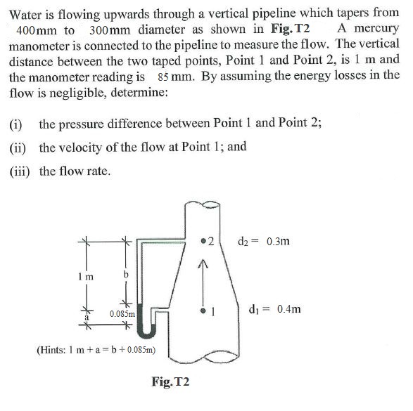 Solved Water is flowing upwards through a vertical pipeline | Chegg.com