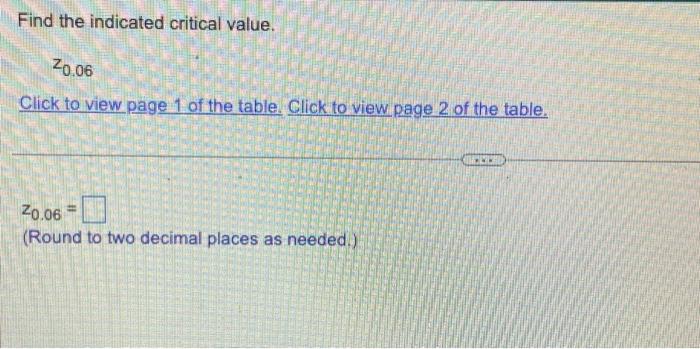 Solved Find the indicated critical value. z0.06 Click to | Chegg.com