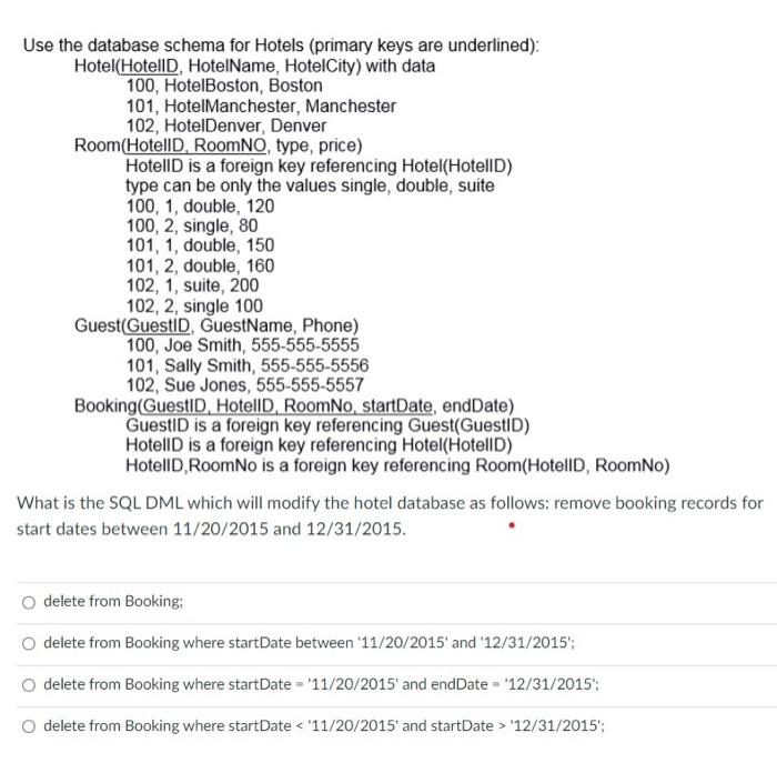 Use the database schema for Hotels (primary keys are | Chegg.com