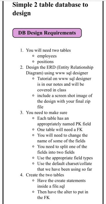 Simple 2 table database to design DB Design | Chegg.com