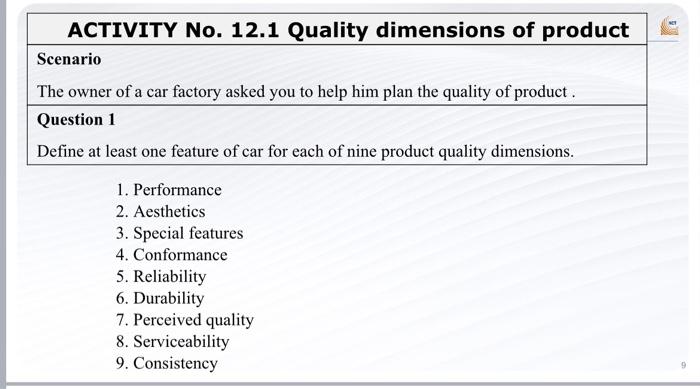 Solved ACTIVITY No. 12.1 Quality dimensions of product | Chegg.com