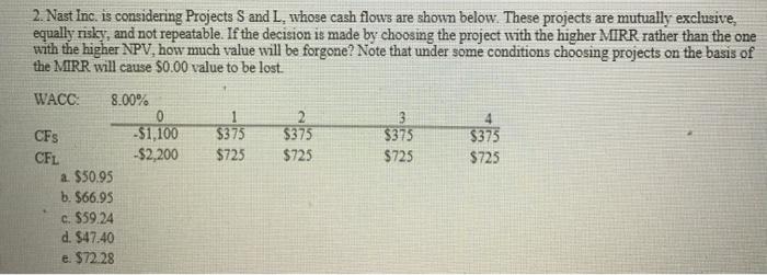 Solved 2. Nast Inc. is considering Projects S and L, whose | Chegg.com