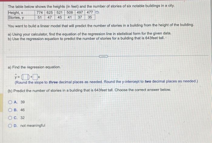 Solved The table below shows the heights (in feet) and the | Chegg.com
