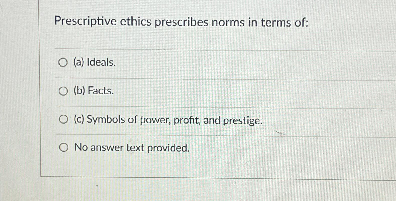 Solved Prescriptive ethics prescribes norms in terms of:(a) | Chegg.com