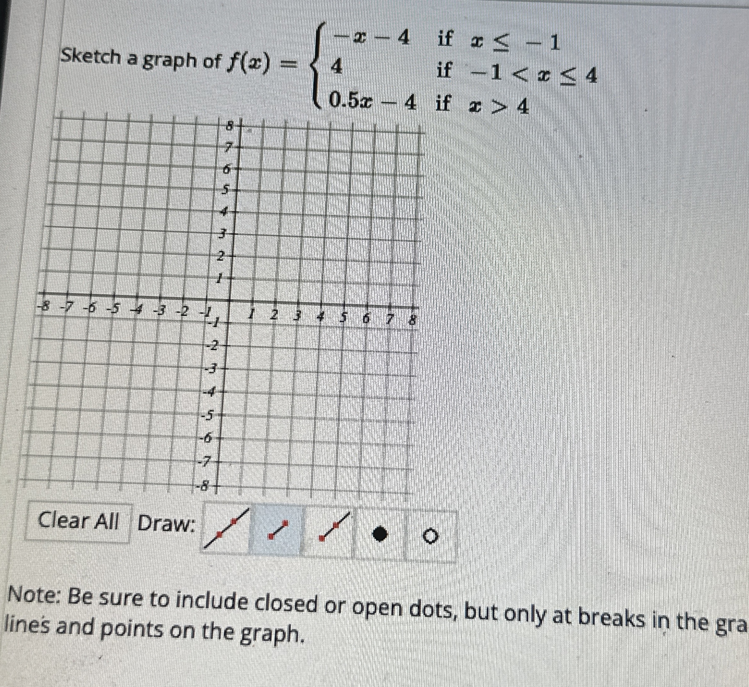 Solved Sketch a graph of f(x)={-x-4 if x≤-14 if -14Clear All | Chegg.com