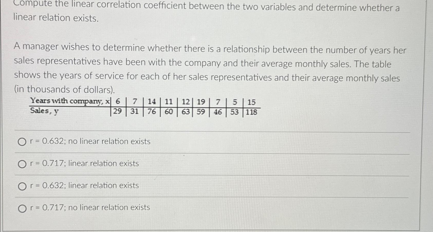 Solved Compute the linear correlation coefficient between | Chegg.com