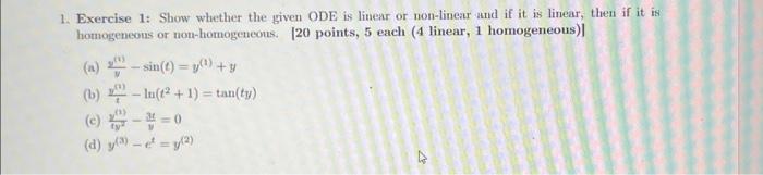 Solved 1. Exercise 1: Show whether the given ODE is linear | Chegg.com