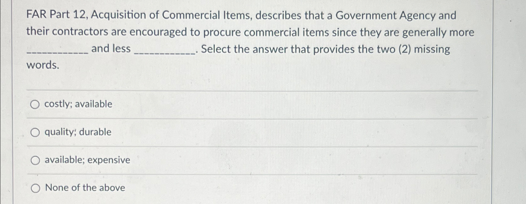 Solved FAR Part 12, ﻿Acquisition of Commercial Items, | Chegg.com