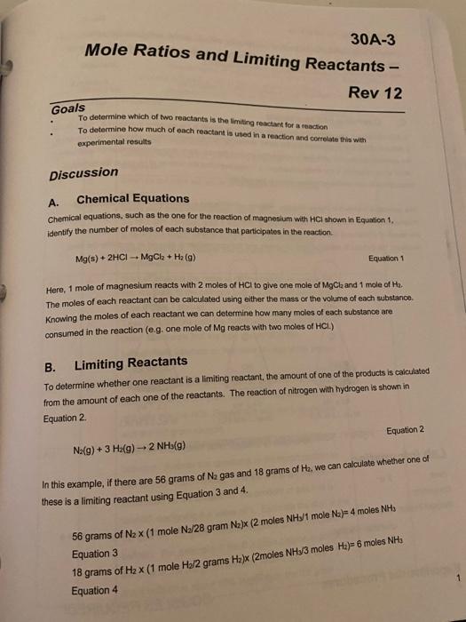 30A-3 Mole Ratios and Limiting Reactants - Rev 12 | Chegg.com