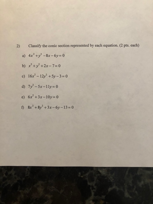 Solved 2) Classify the conic section represented by each | Chegg.com