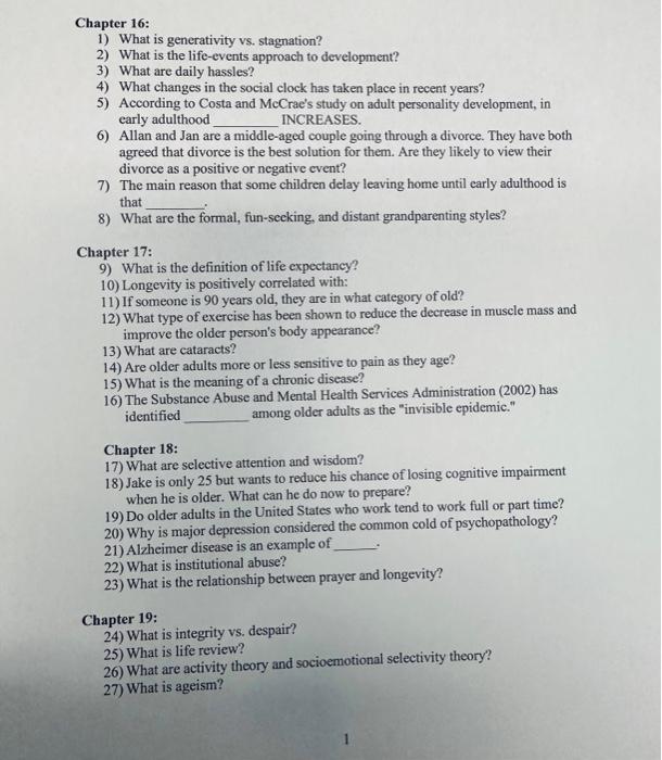 Solved Chapter 16: 1) What is generativity vs. stagnation? | Chegg.com