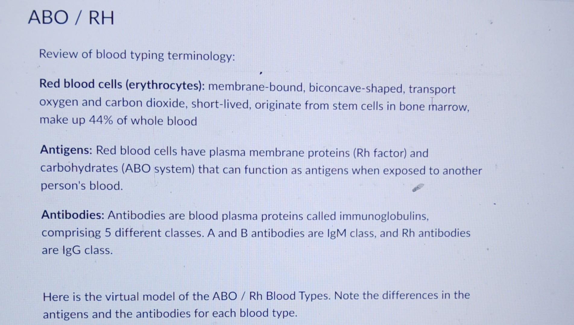 Solved Review of blood typing terminology: Red blood cells | Chegg.com