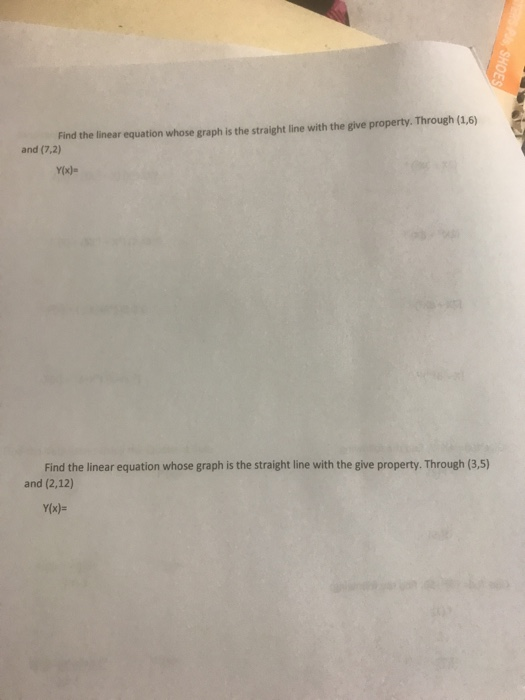 Solved SHOES Find the linear equation whose graph is the | Chegg.com