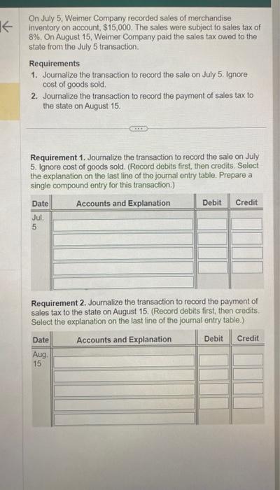 Solved On July 5, Weimer Company recorded sales of | Chegg.com