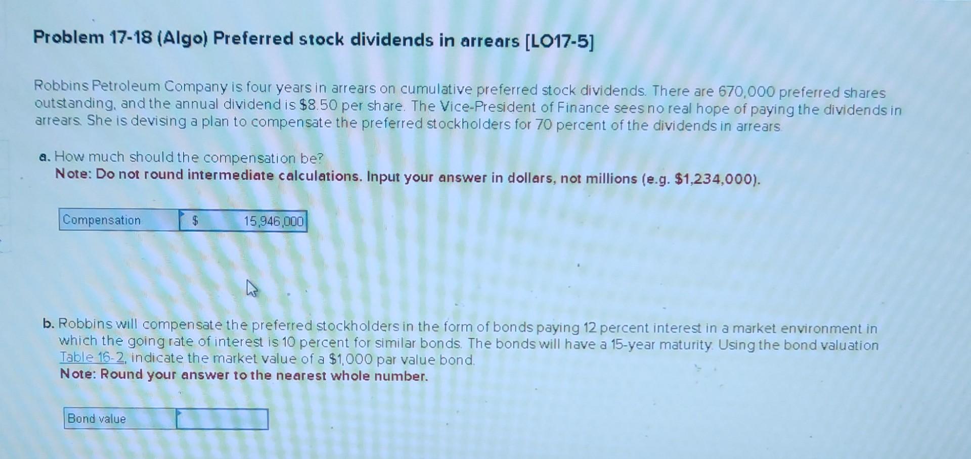 Solved Problem 17-18 (Algo) Preferred stock dividends in | Chegg.com