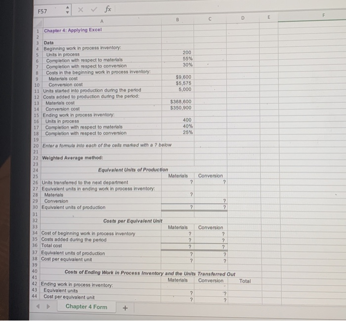 Solved F57 fx F B C С E D А 1 Chapter 4: Applying Excel 2 3 | Chegg.com