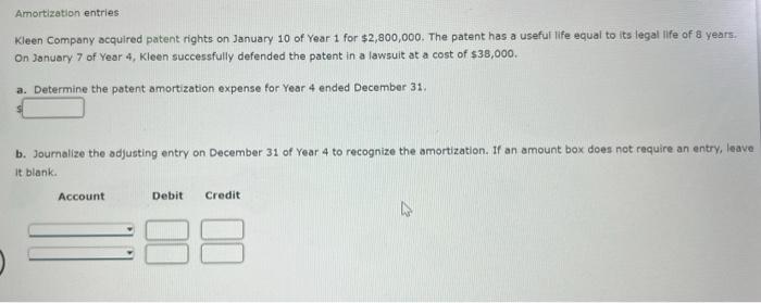 Solved Amortization entries: Kleen Company acquired patent | Chegg.com