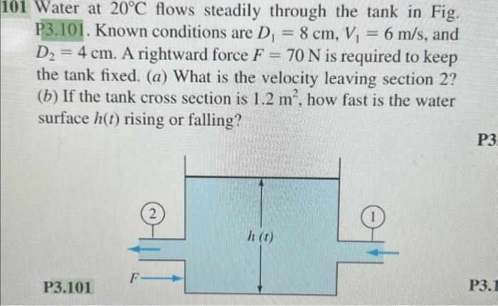 Solved 101 Water at 20°C flows steadily through the tank in | Chegg.com