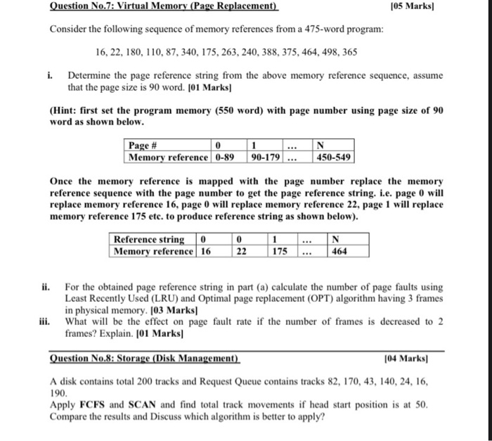 Solved Question No.7: Virtual Memory (Page Replacement) 105 | Chegg.com