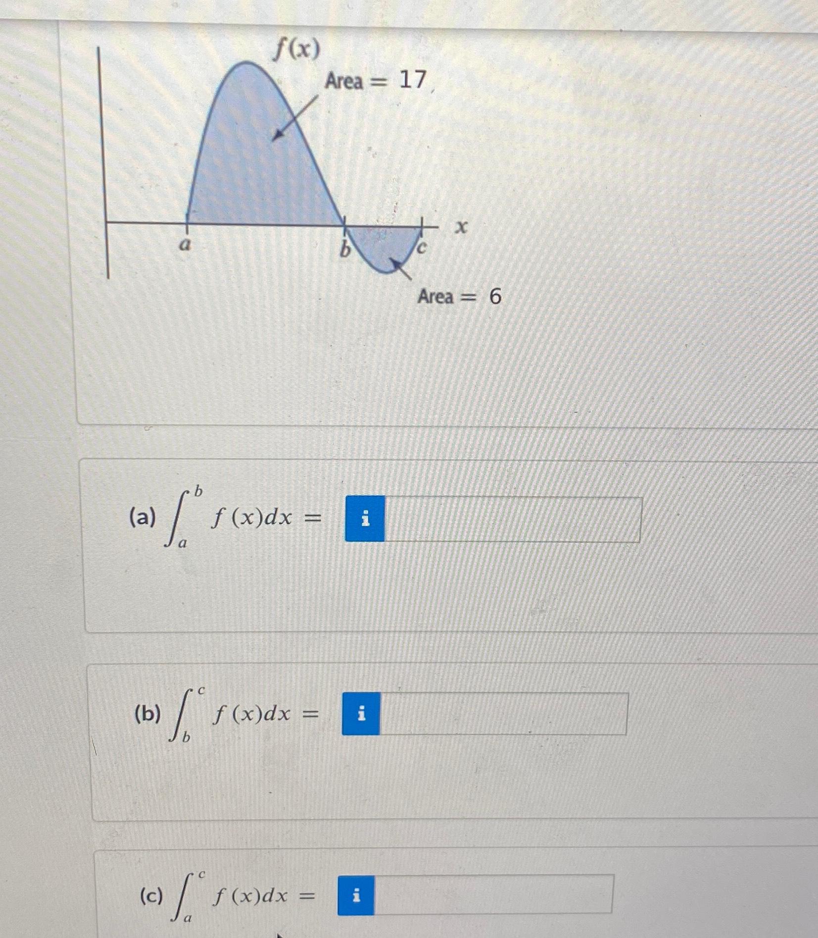 Solved (a) ∫abf(x)dx=(b) ∫bcf(x)dx=(c) ∫acf(x)dx=(d) |f(x)|d | Chegg.com