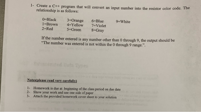 Solved 1 Create C Program Convert Input Number Resistor Color Code Relationship Follows 9 
