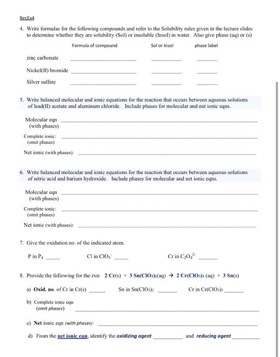 Solved can you please solve the following for my chemistry | Chegg.com