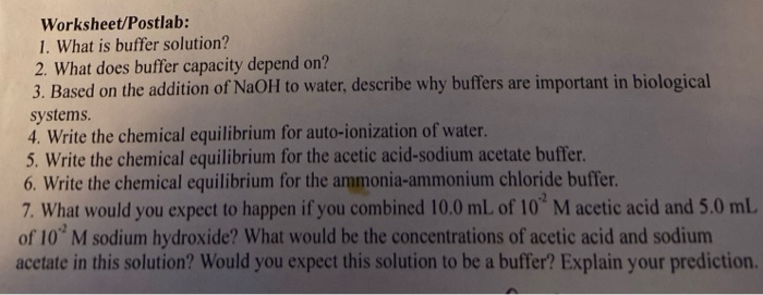 Solved Worksheet/Postlab: 1. What is buffer solution? 2. | Chegg.com