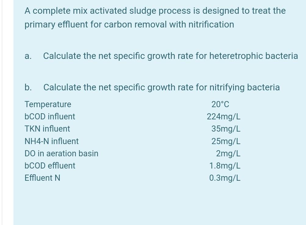 Solved A complete mix activated sludge process is designed | Chegg.com