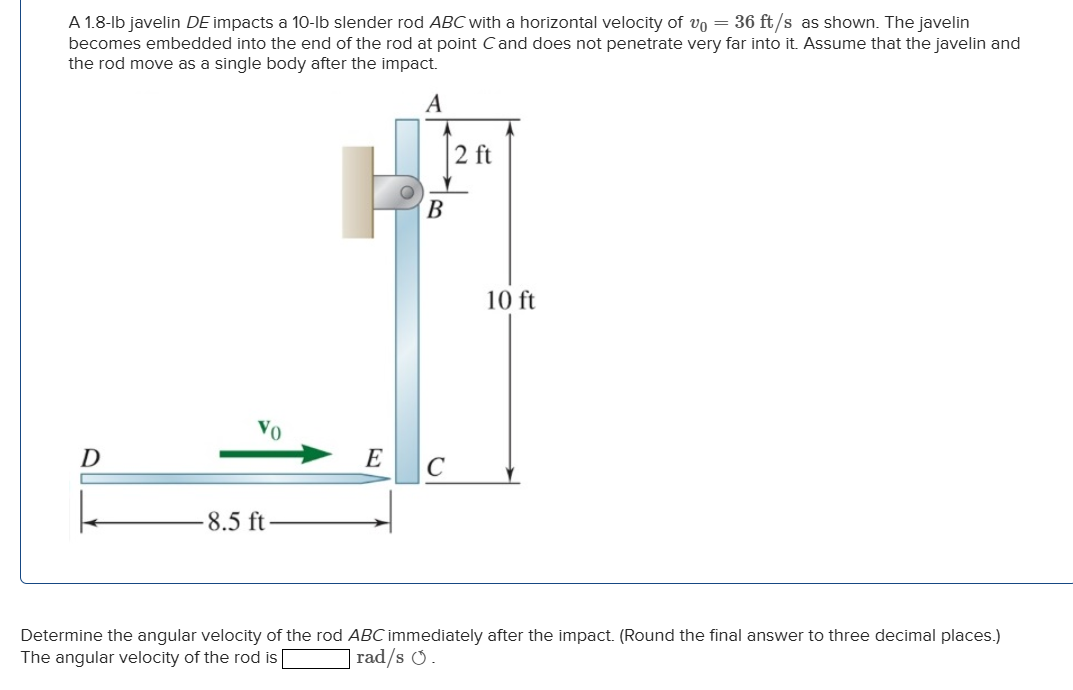 Solved A 1.8-lb ﻿javelin DE ﻿impacts a 10-lb ﻿slender rod | Chegg.com