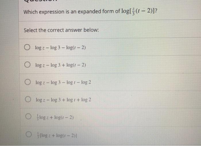 Solved Which expression is an expanded form of log[{(t - | Chegg.com