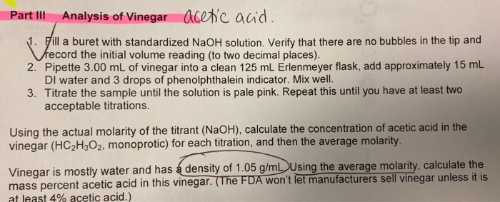 Solved chem112 - titrations lab, part 3, vinegar analysis | Chegg.com