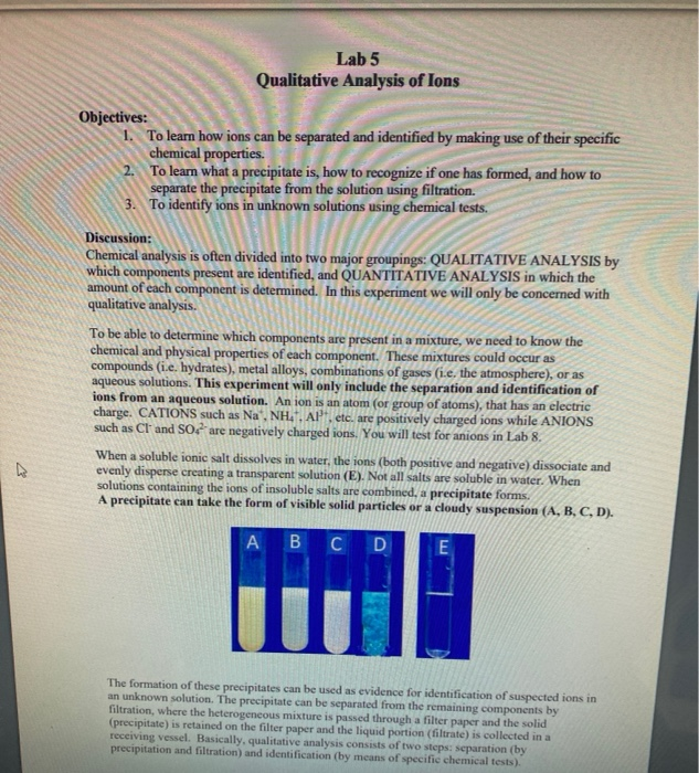 Solved Lab 5 Qualitative Analysis of Ions Objectives: 1. To | Chegg.com