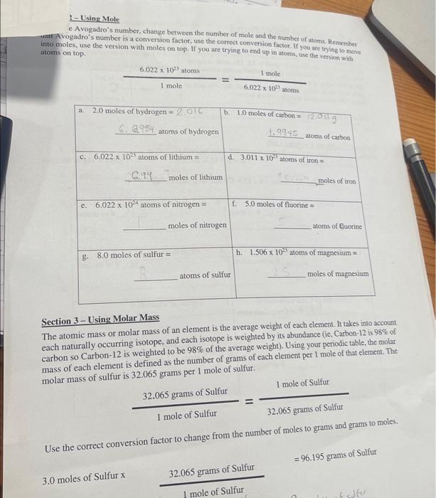 Solved 2-Using Mole e Avogadro's number, change between the | Chegg.com
