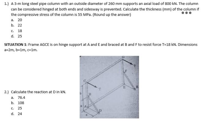 Solved 1.) A 3-m long steel pipe column with an outside | Chegg.com