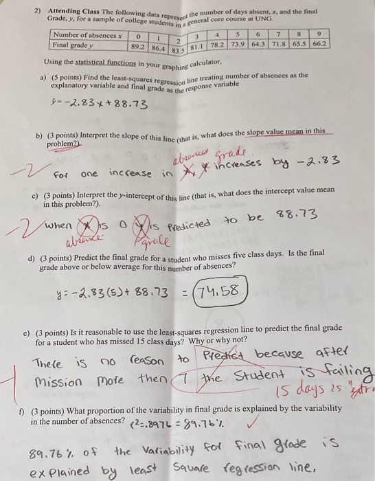 Solved 2) Attending Class The following data represent the | Chegg.com