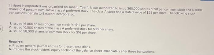 Solved Eastport Incorporated was organized on June 5, Year | Chegg.com